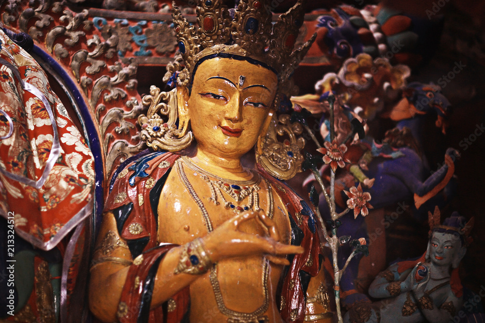 Buddhist religious symbols inscriptions in Tibet old runes Stock Photo ...