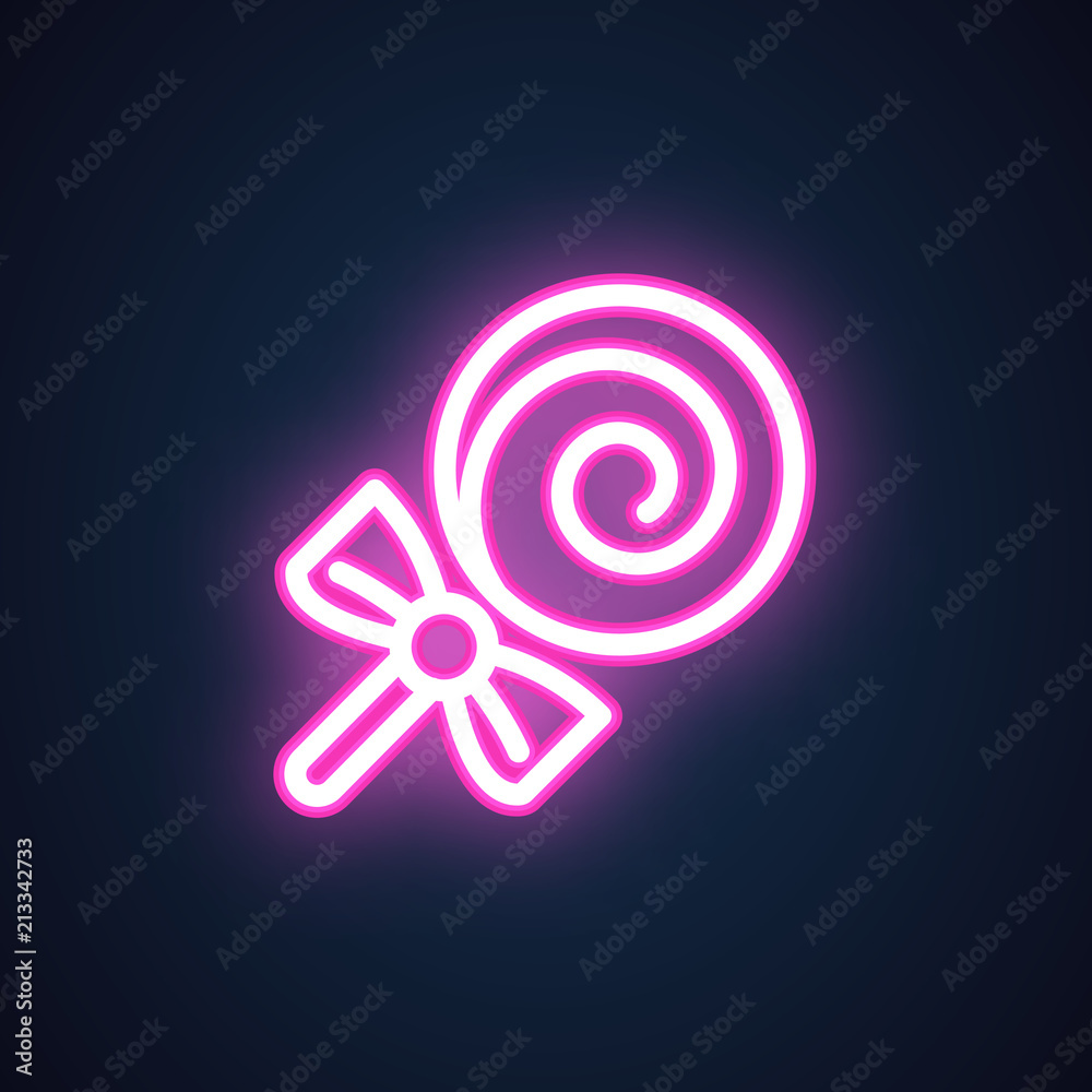 Lollipop pink neon icon. Candy bright fluorescent label. Party symbol ...
