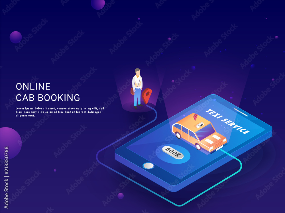 Online Cab Booking landing page or web template with isometric ...