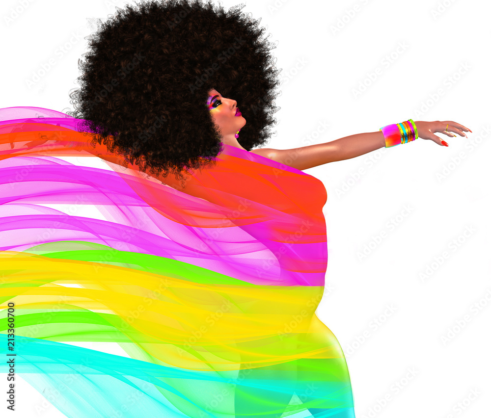 Beautiful African woman in a colorful flowing ribbons outfit, wearing a ...