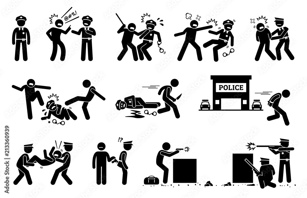 Man fighting, obstructing, and resisting police arrest. Pictogram ...