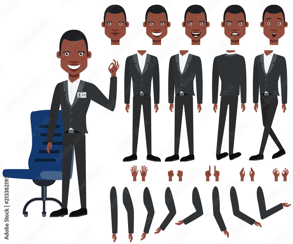 Flat icons set of black boss views, poses and emotions. Facial ...