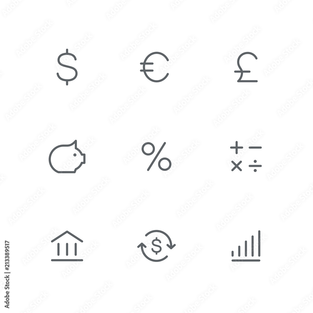 Basic outline icon set - dollar, euro, pound, coin box, percent ...