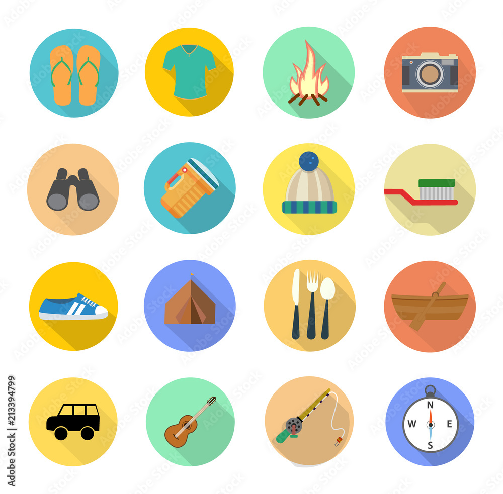 Camping elements. Set of camping objects, tent, trailer, backpack ...