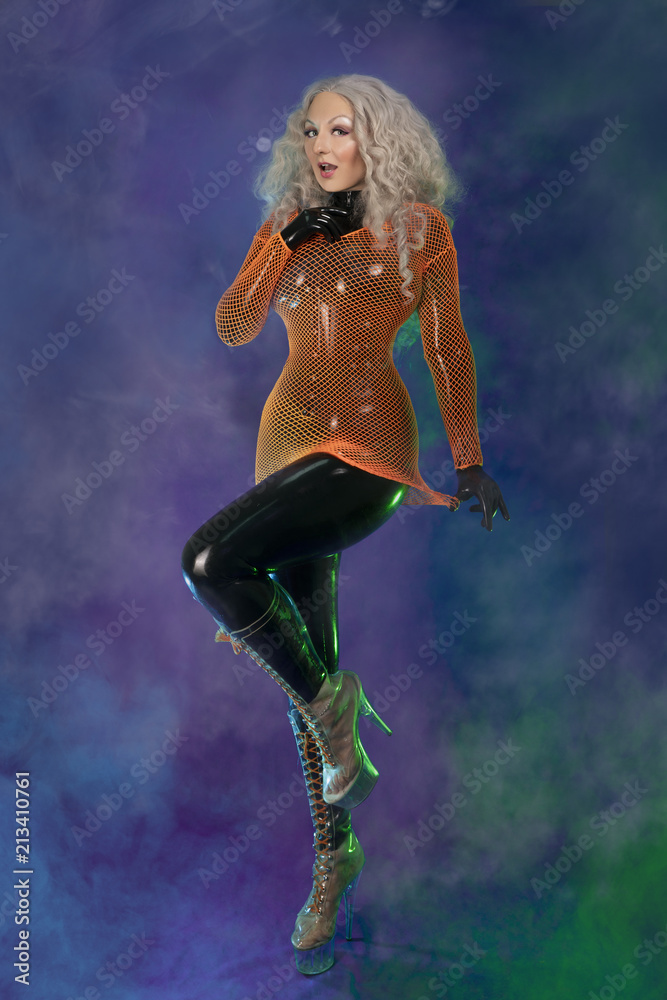 Cute Chubby Adult Female In Black Latex Rubber Catsuit And Orange Mesh 8272