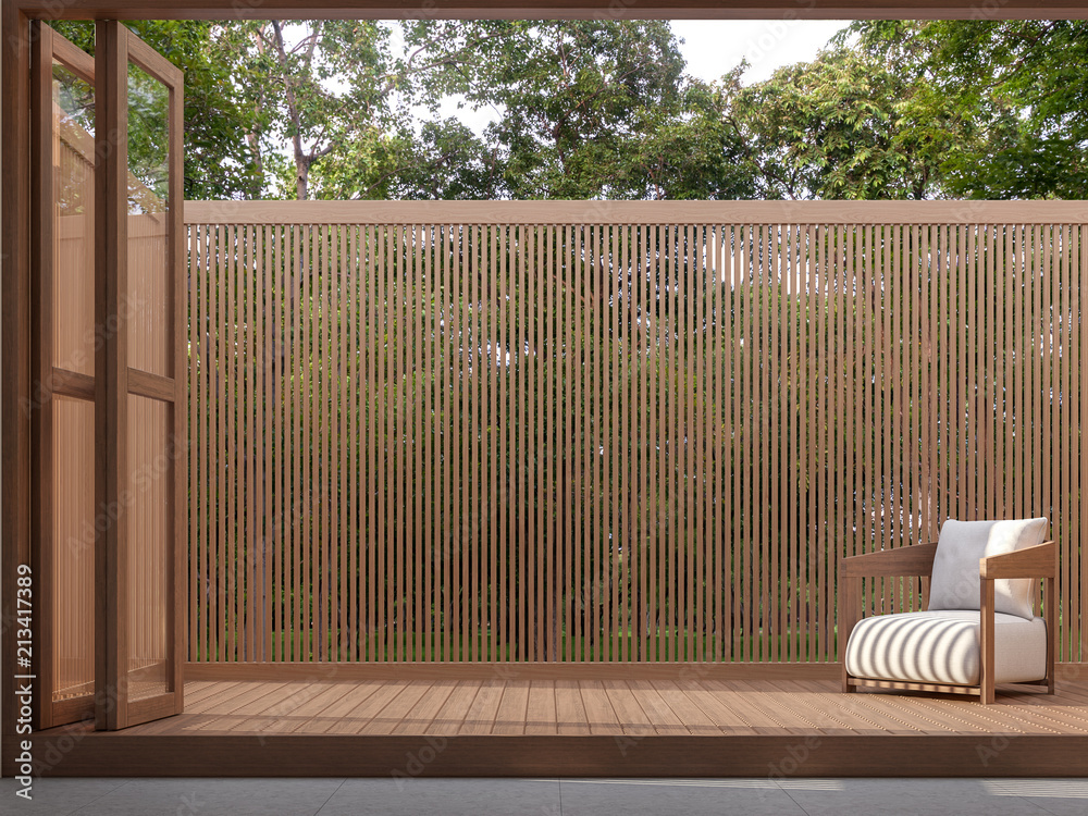 Wood terrace with nature view 3d render,Surrounded by the nature.There ...