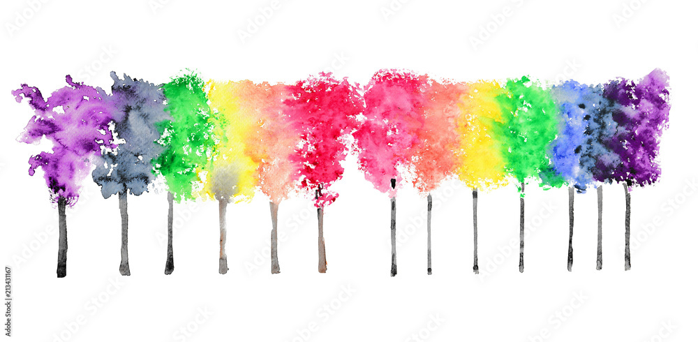 Rainbow trees on white background, watercolor hand painted, lovely tree ...