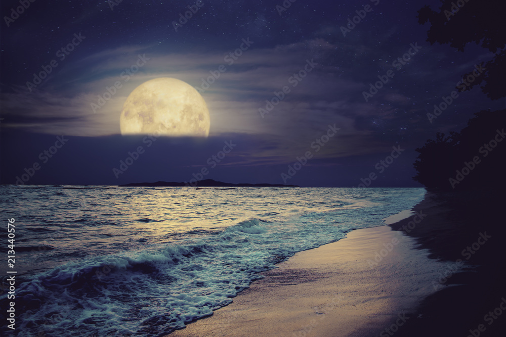 Beautiful fantasy tropical sea beach. Full moon (super moon) with cloud ...