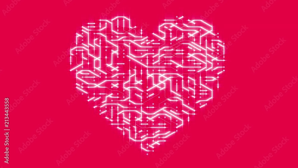 4k a futuristic circuit board with moving electrons shaped heart ...