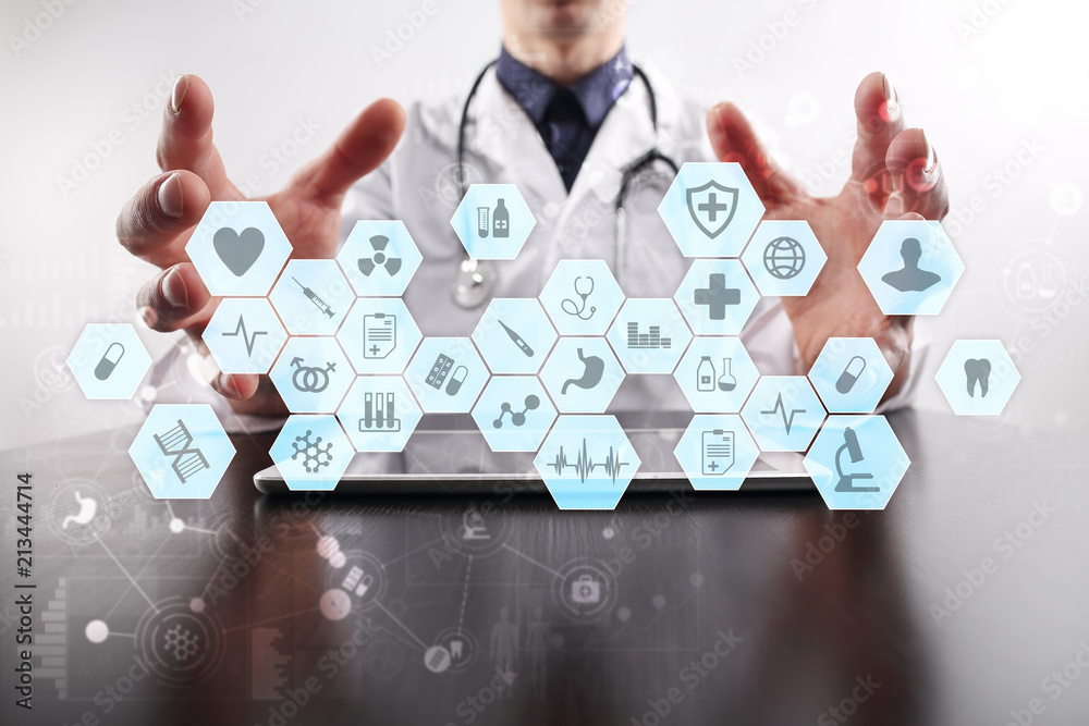Medical doctor working with modern computer virtual screen interface ...