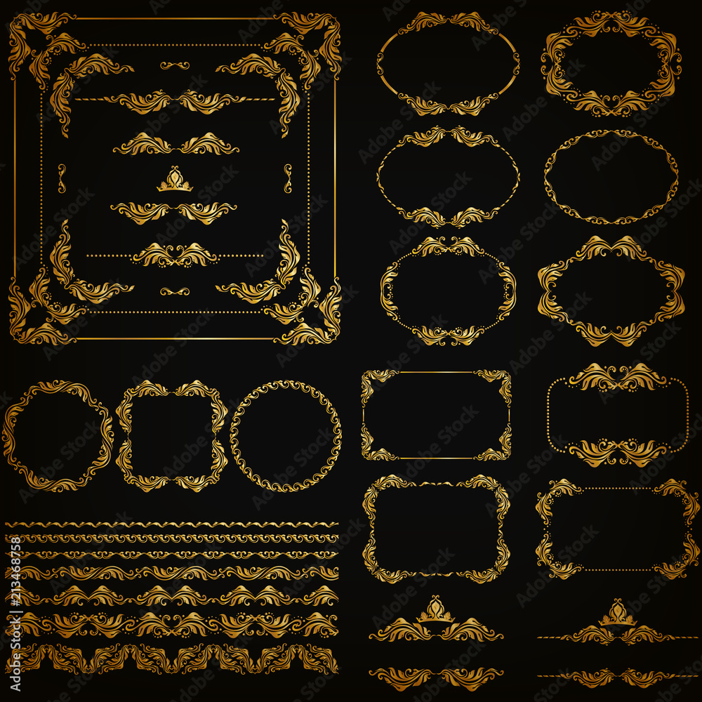 Set of gold decorative hand-drawn floral element, corner, seamless ...