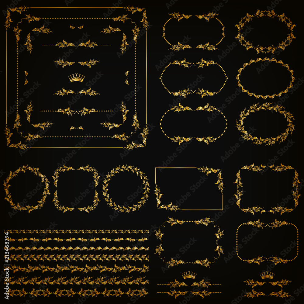 Set of gold decorative hand-drawn floral element, corner, seamless ...