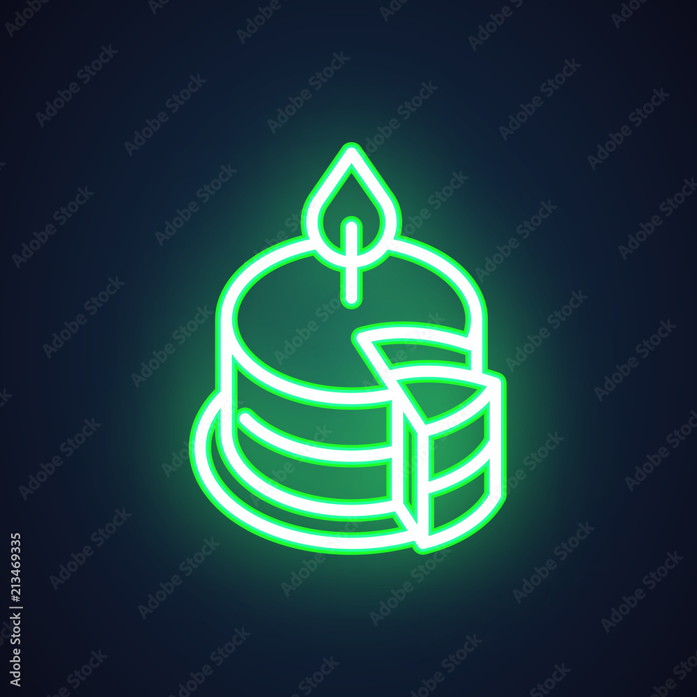 Cake with candle green neon icon. Holiday and party symbol. Illuminated ...