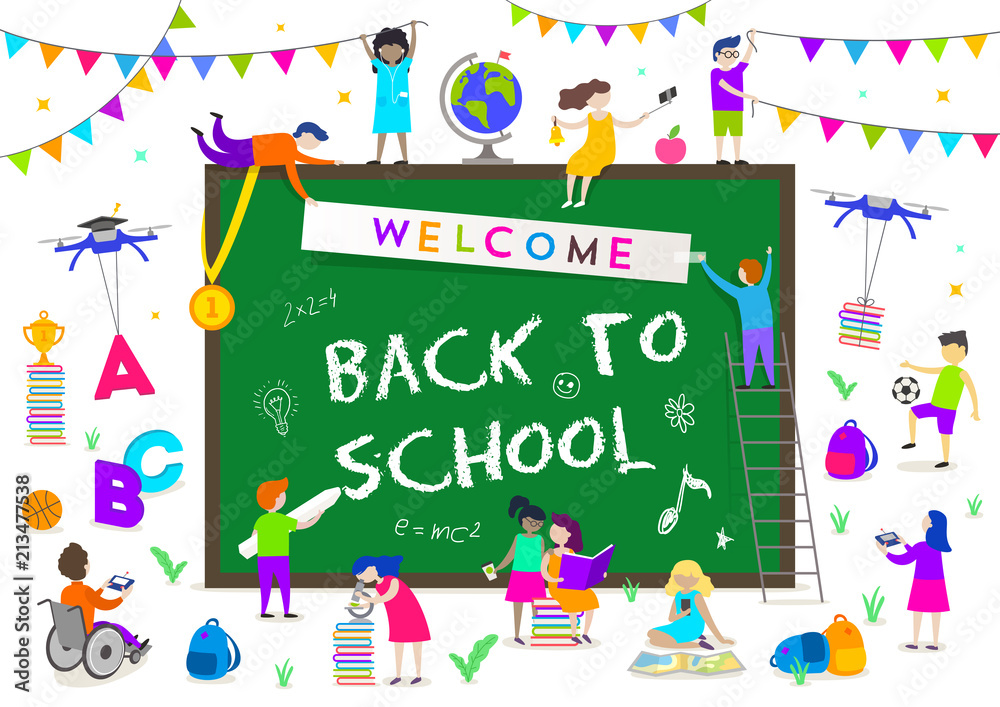 Back to school vector illustration. Group of active children around a ...