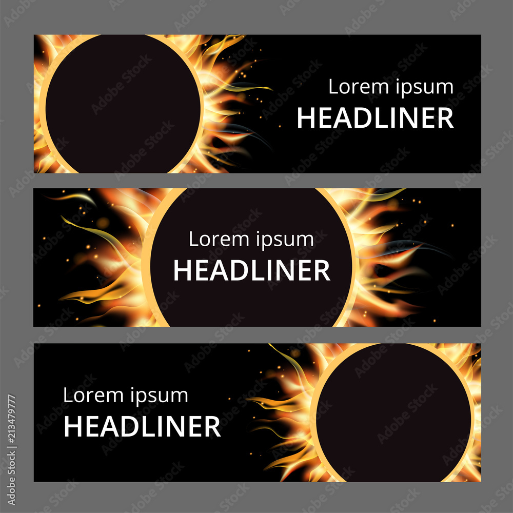 Burning fire campfire hot flame strokes realistic horizontal banner set ...