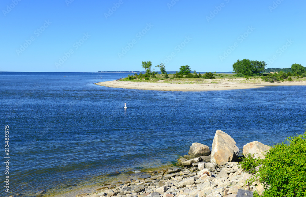 Coastal scene with sand beach near river mouth and estuary, a fragile ...