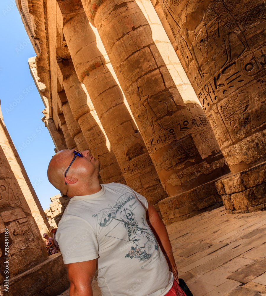 Ancient ruins and hieroglyphs at Karnak Temple, Luxor, Egypt. Portret ...