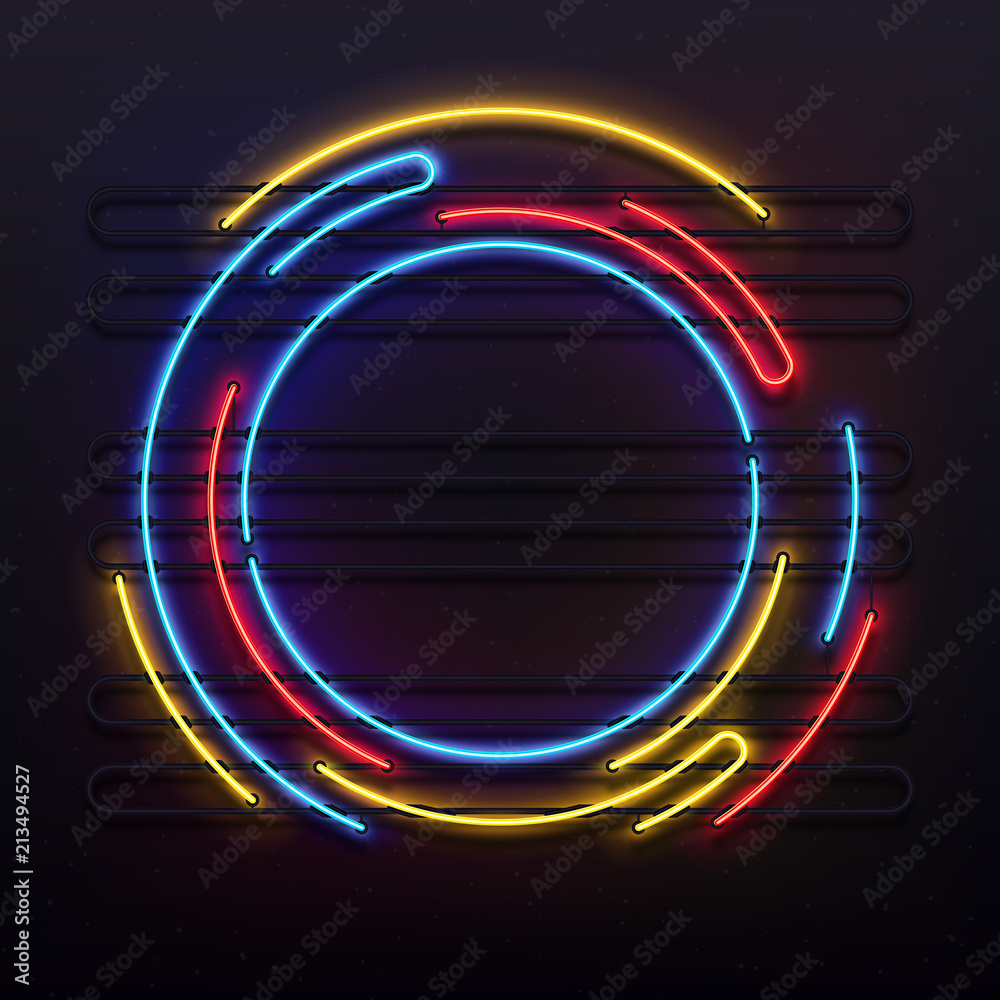 Circle neon lights frame. Colorful round tube lamp light on frame ...