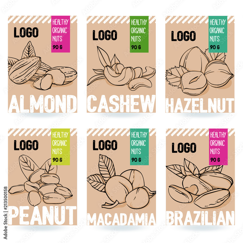Beautiful vector hand drawn organic nut card set. Almond, cashew ...
