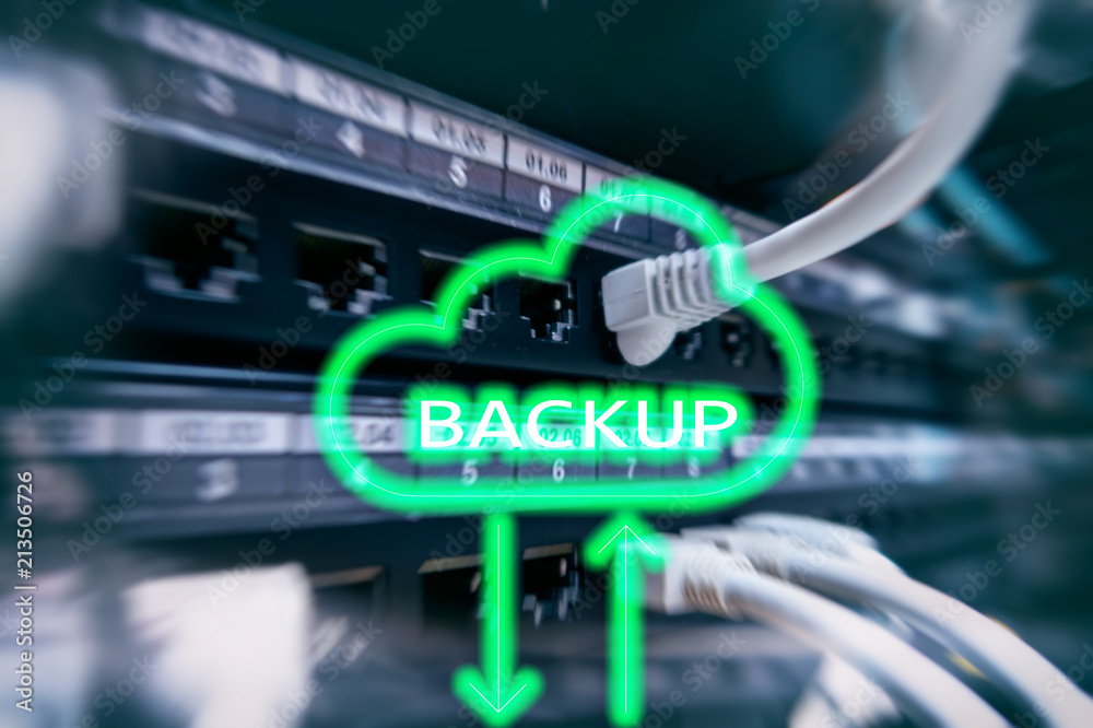 Backup button on modern server room background. Data loss prevention ...