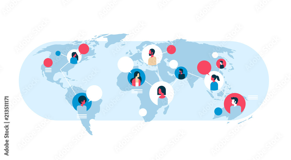 people on world map chat bubbles global communication teamwork ...