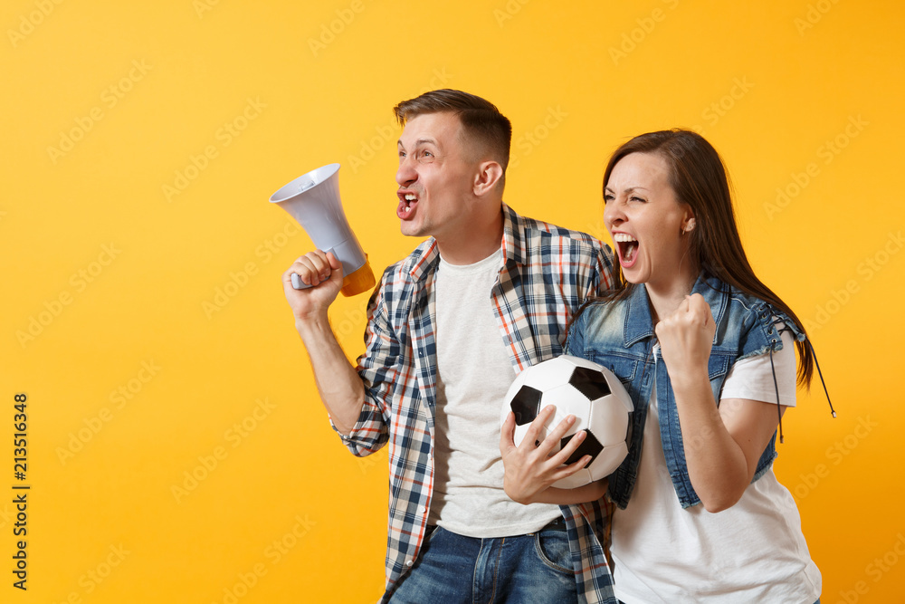 Young happy cheerful couple supporter, woman man, football fans cheer ...