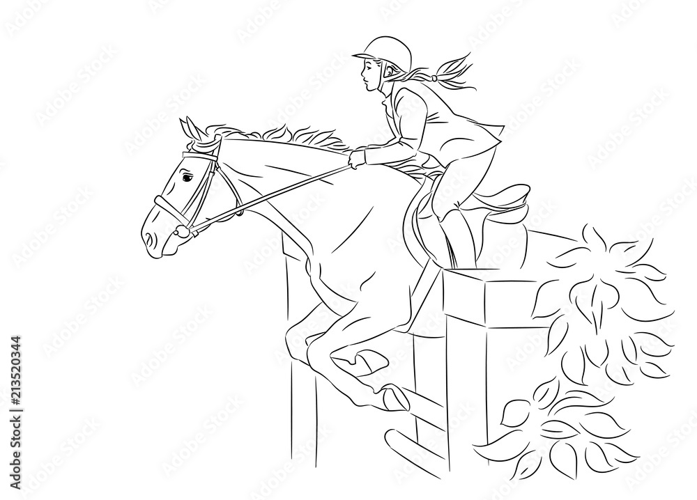 Horsewoman and a horse are jumping over an obstacle. Equestrian sport ...