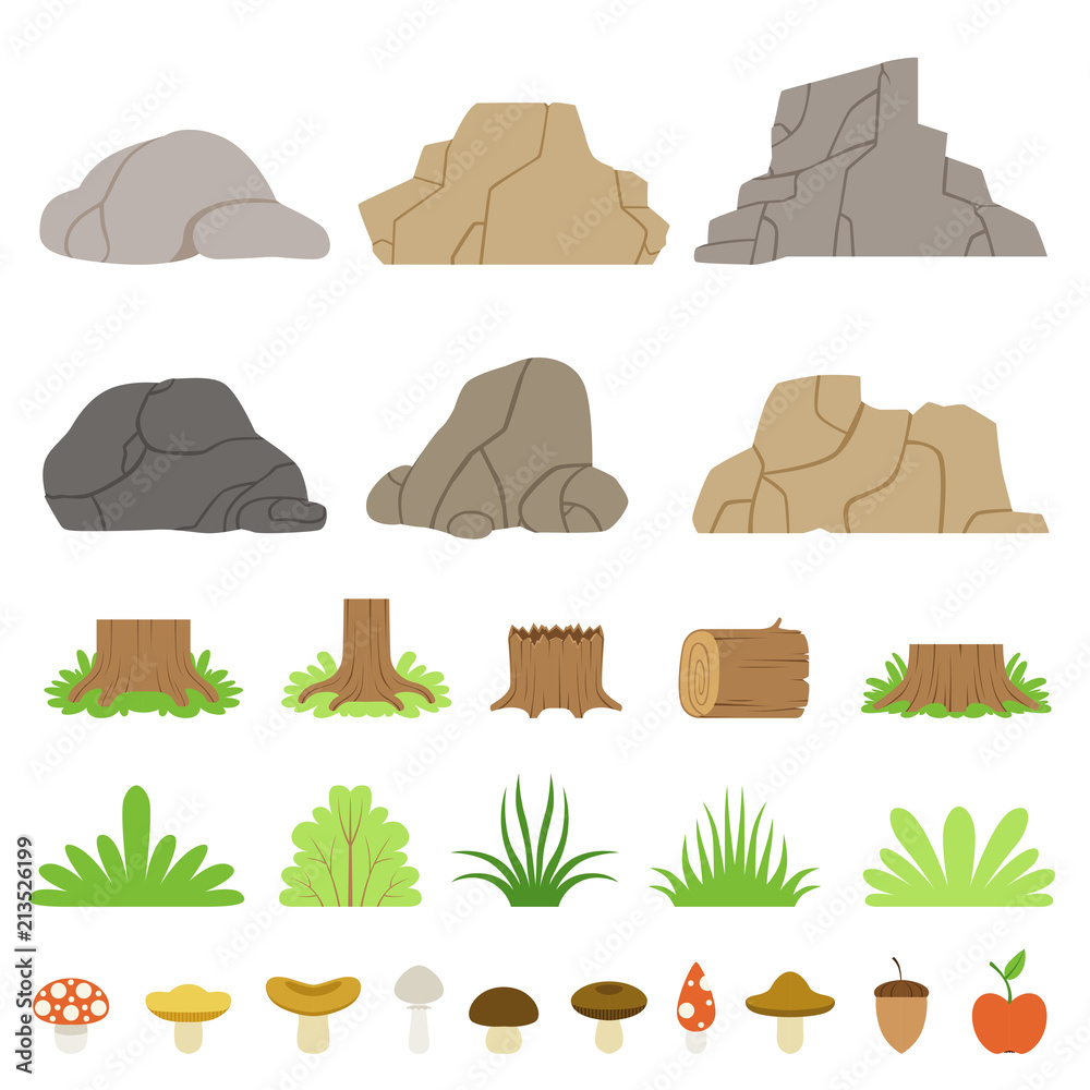 Set of stones of different shapes, forest stumps, logs, bushes, grasses ...