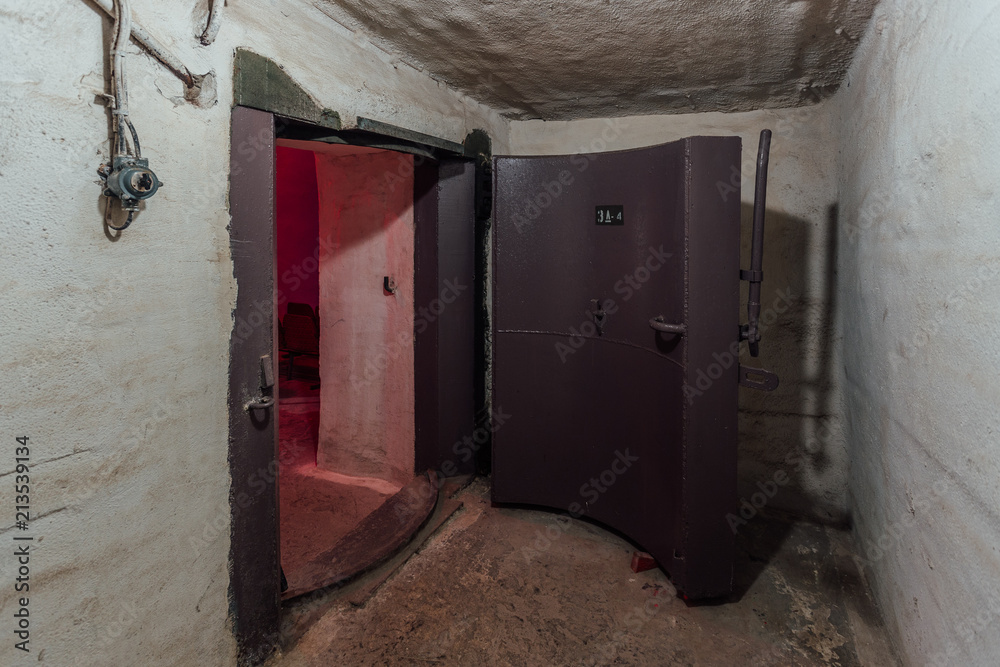 Large hermetic metal armored door, entrance of soviet military bunker ...