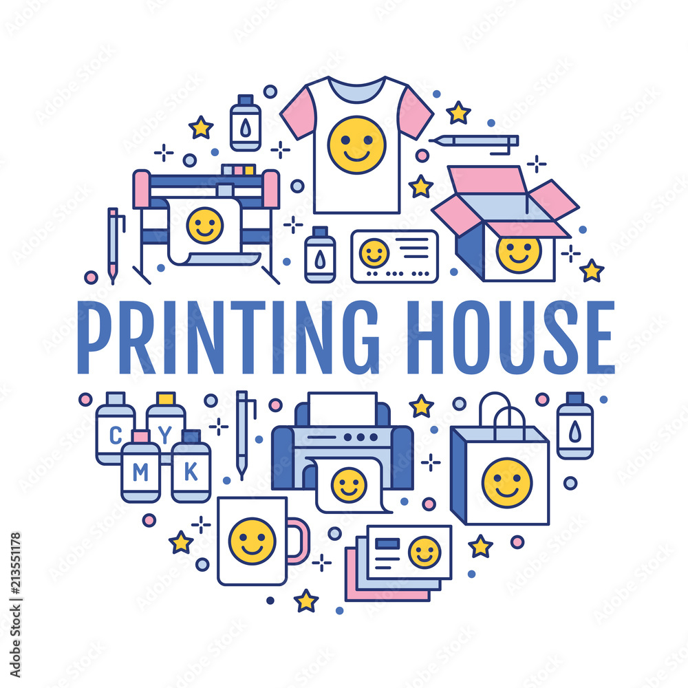 Printing house circle poster with flat line icons. Print shop equipment ...