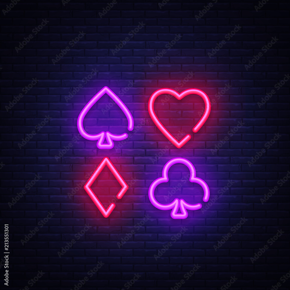 Poker Neon sign vector design template. Poker symbols neon logo, light ...