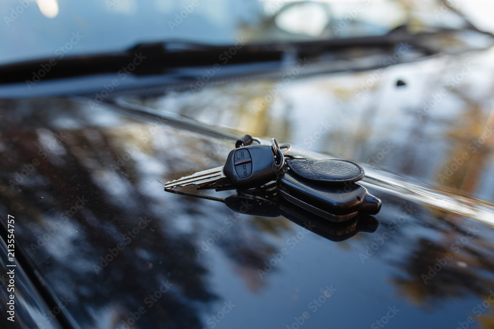 Keys with immobilizer on the hood of the car against the window ...