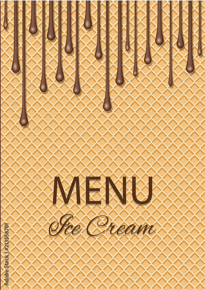 Chocolate ice cream flowing over waffle texture background . Cafe menu ...