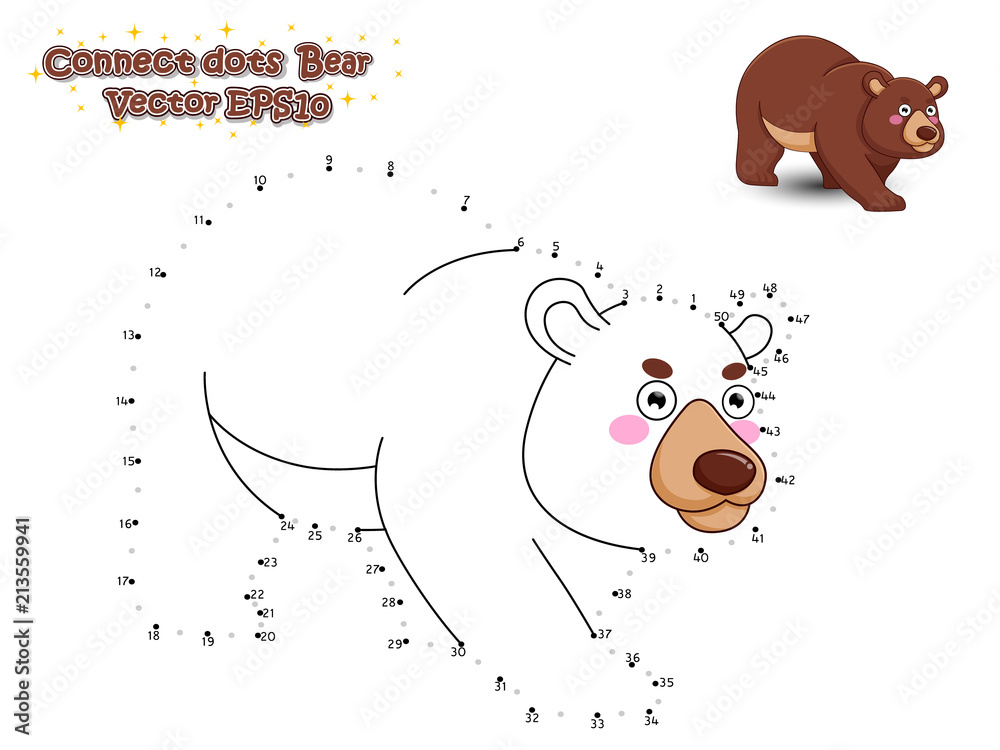 Connect The Dots and Draw Cute Cartoon Bear. Educational Game for Kids ...