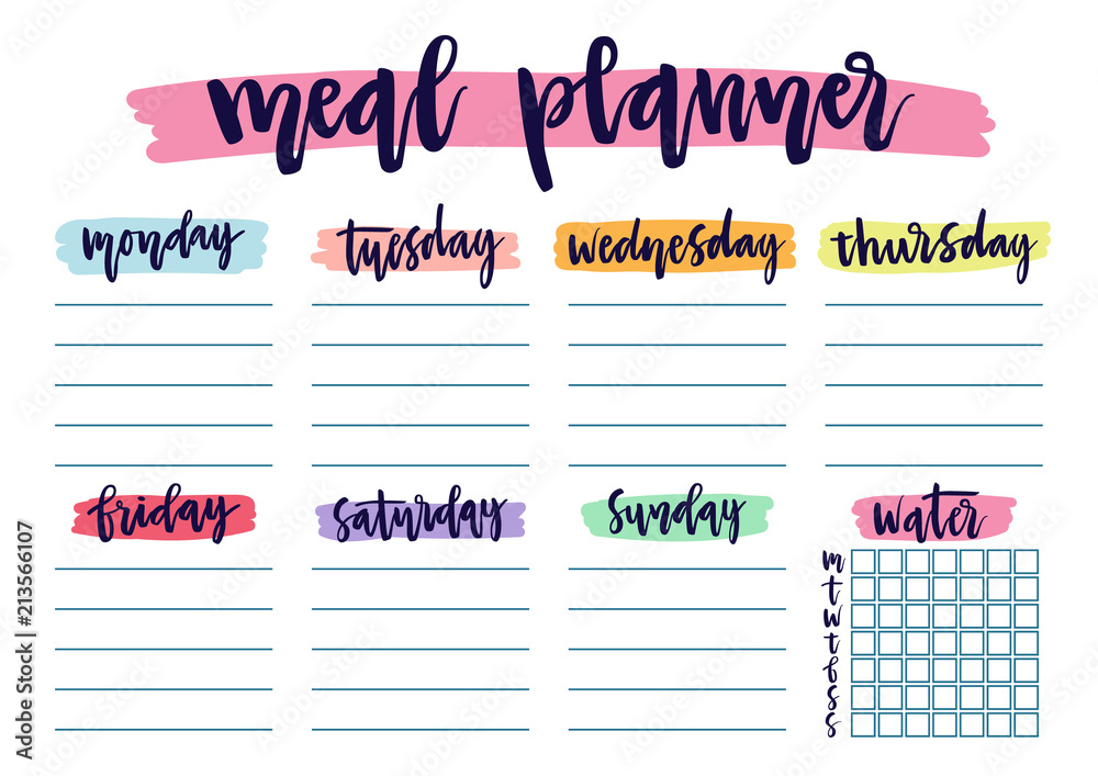 Cute A4 template for weekly and daily meal planner with lettering and ...