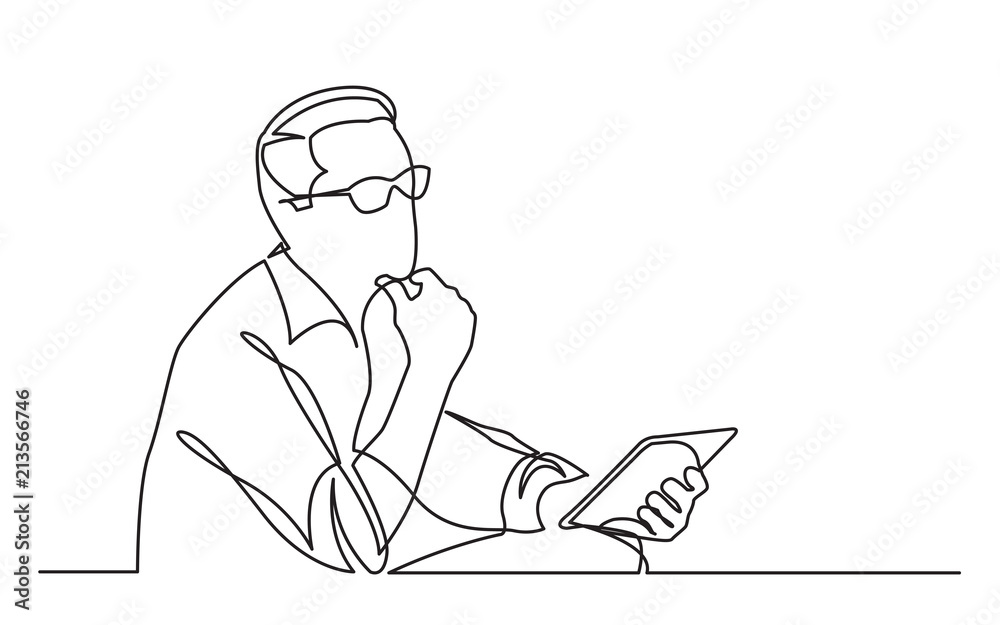 continuous line drawing of sitting man planning with tablet Stock ...