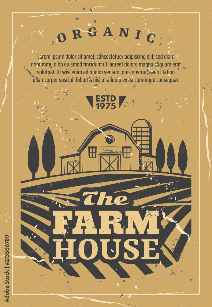 Farm house with field old retro vector poster Stock Vector | Adobe Stock