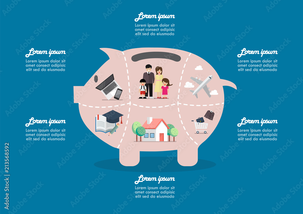 Piggy bank saving money portion for life infographic Stock Vector ...