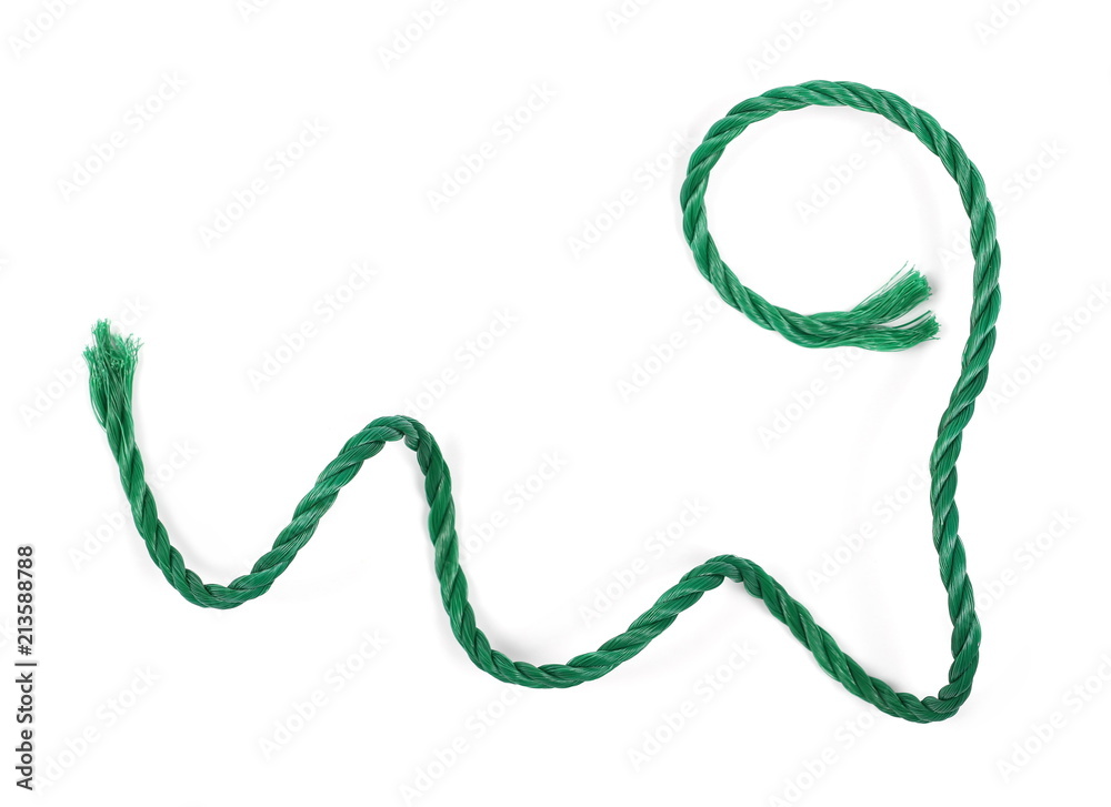 Green synthetic cord, string, rope isolated on white background texture ...