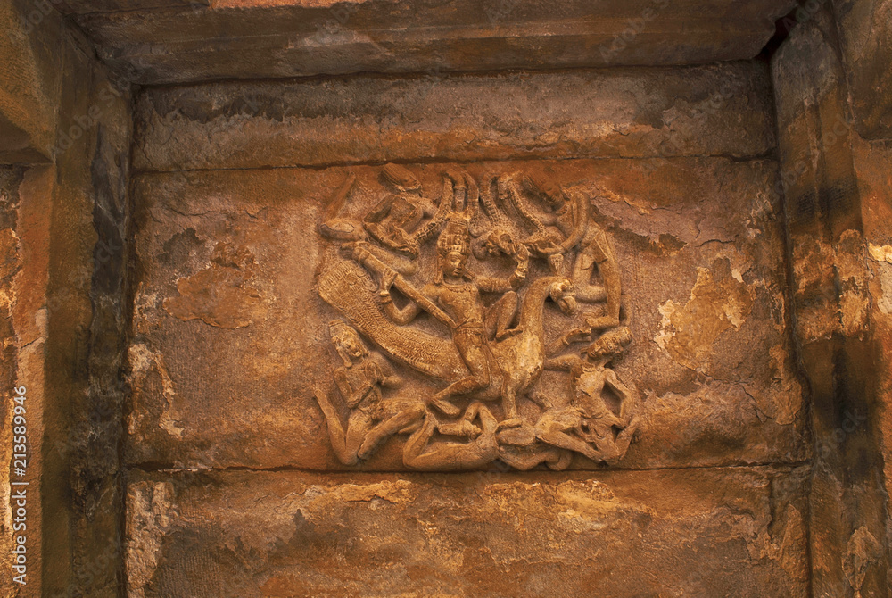 Carved figure of Kartikeya Ganesha's brother seated on his vehicle ...