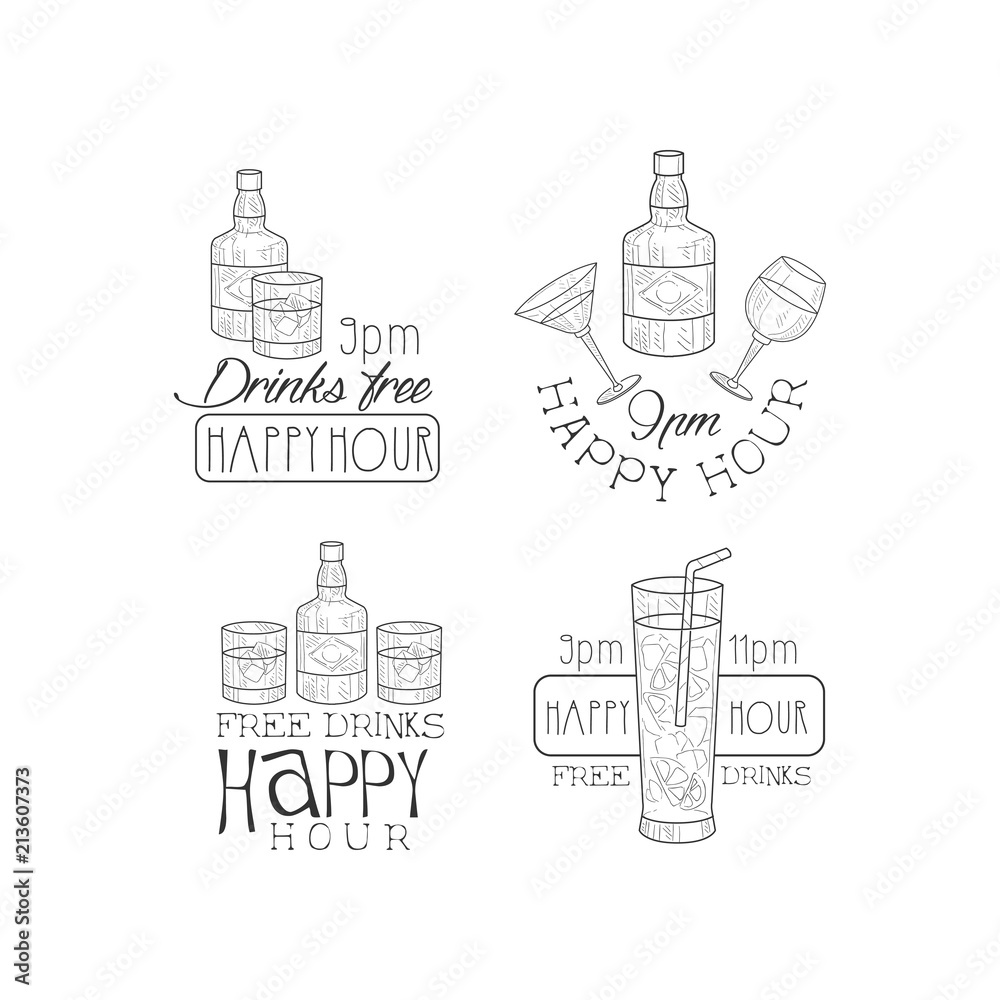 Monochrome promotional signs for cocktail bar or restaurant. Hand drawn ...