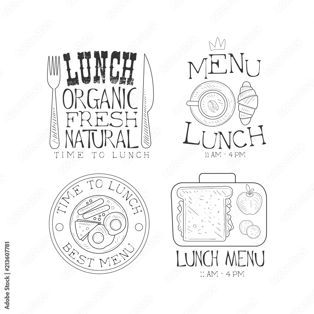 Vector set of monochrome logos for lunch menu. Sketch style emblems ...