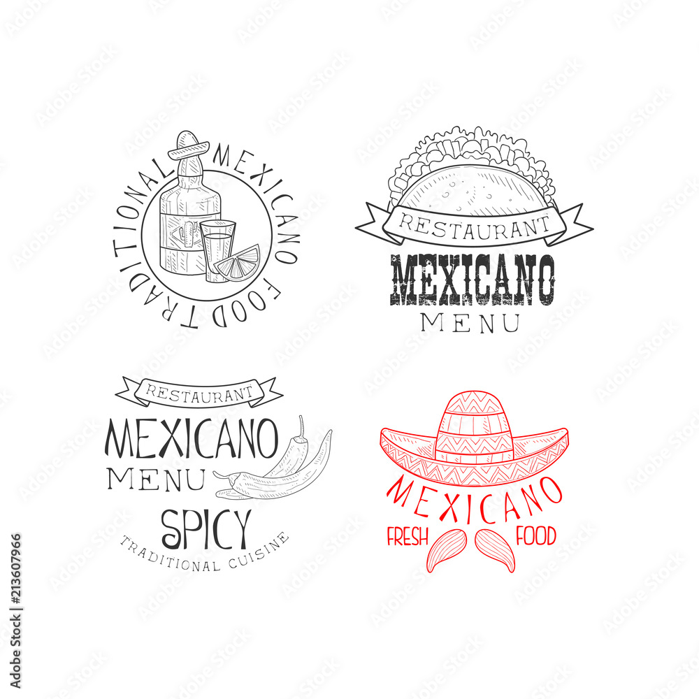 Vector set of 4 Mexican restaurant Logos. Hand drawn emblems with ...