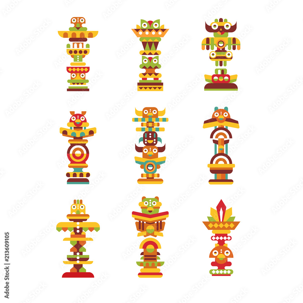 Religious totem set, colorful native cultural tribal symbols vector ...