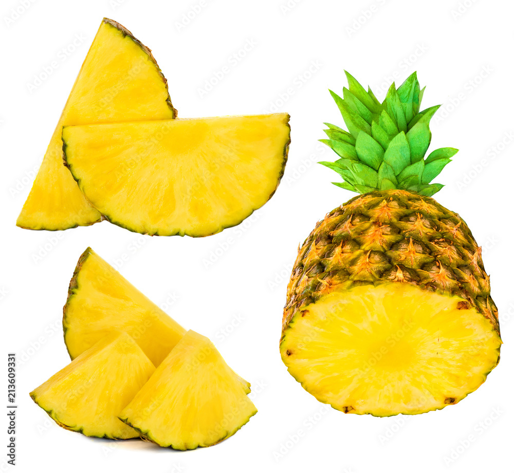 Pineapple collection with fresh Whole and sliced Ananas isolated on ...