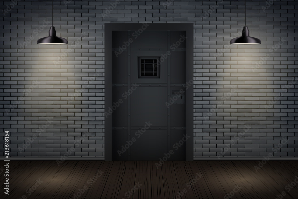 Prison interior with Metal Prison Jail cell door and lattice. Vintage ...
