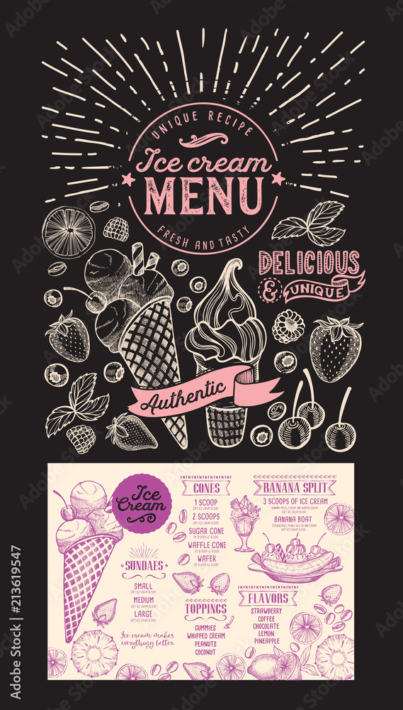 Ice Cream Restaurant Menu Vector Dessert Food Flyer For Bar And Cafe Design Template On