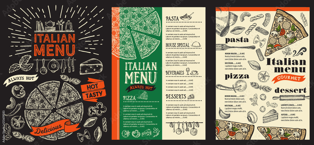 Pizza restaurant menu. Vector food flyer for bar and cafe. Design ...