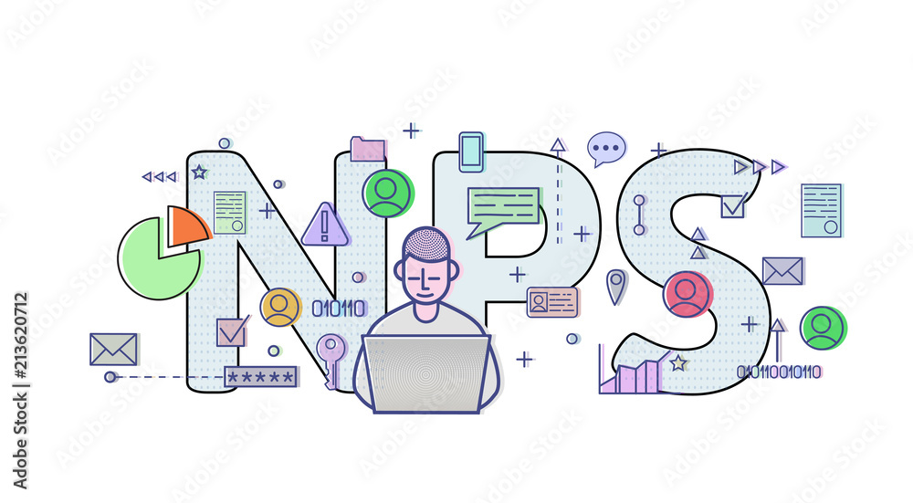 Net Promoter Score, NPS. Concept with computer user, letters and icons ...