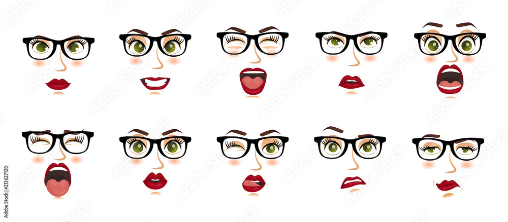 Comic emotions. Woman with glasses facial expressions, gestures ...